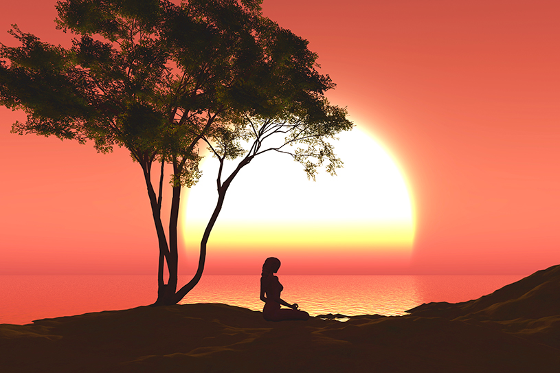 3D sunset landscape with female in yoga pose under a tree